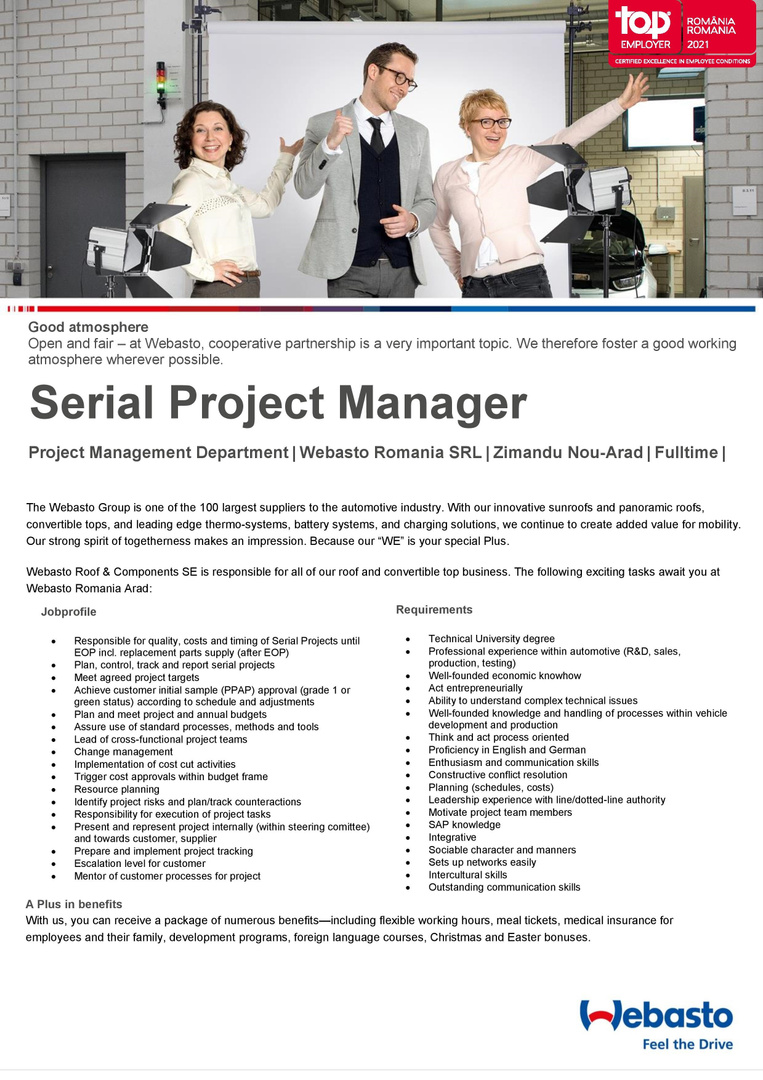 Serial Project Manager - Arad - Webasto Romania S.R.L. - BestJobs.eu
