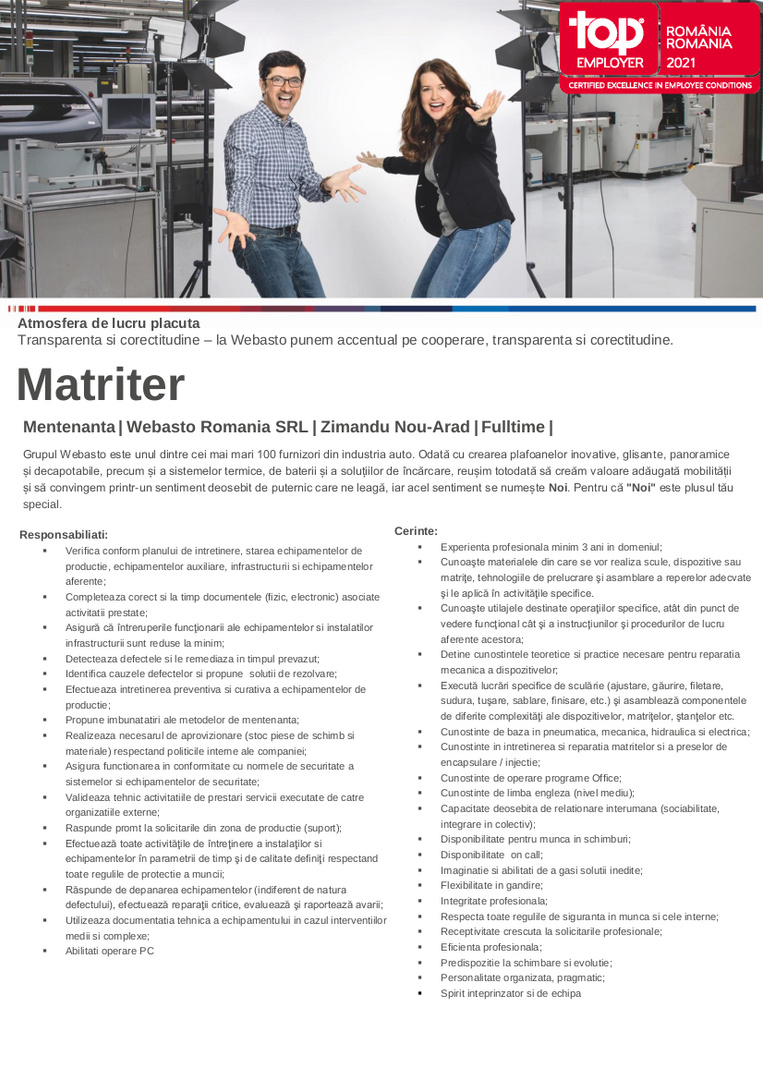 Matriter - Arad - Webasto Romania S.R.L. - BestJobs.eu